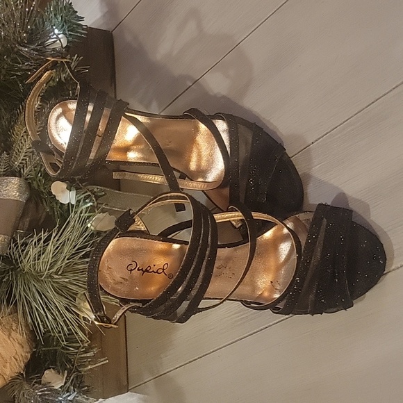 Qupid | Shoes | Qupid Stiletto Adjustable Black Sparkly Heels Sandals ...